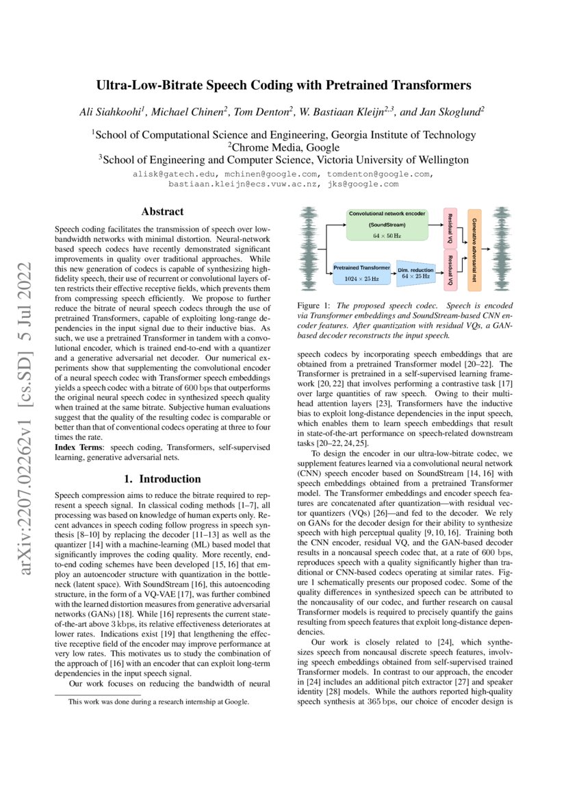 Ultra-Low-Bitrate Speech Coding with Pretrained Transformers | DeepAI