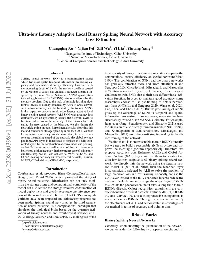 Ultra-low Latency Adaptive Local Binary Spiking Neural Network with ... Ultra-low Latency Adaptive Local Binary Spiking Neural Network with ...
