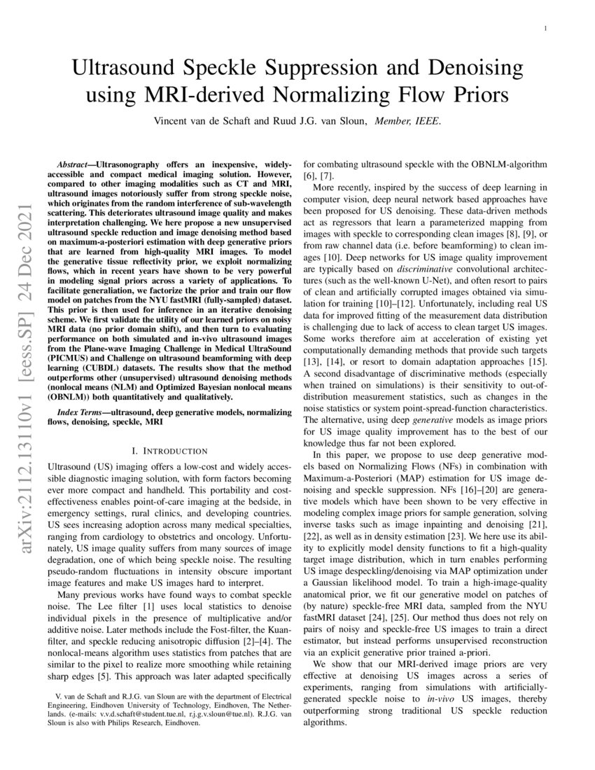Ultrasound Speckle Suppression and Denoising using MRI-derived Normalizing Flow Priors | DeepAI