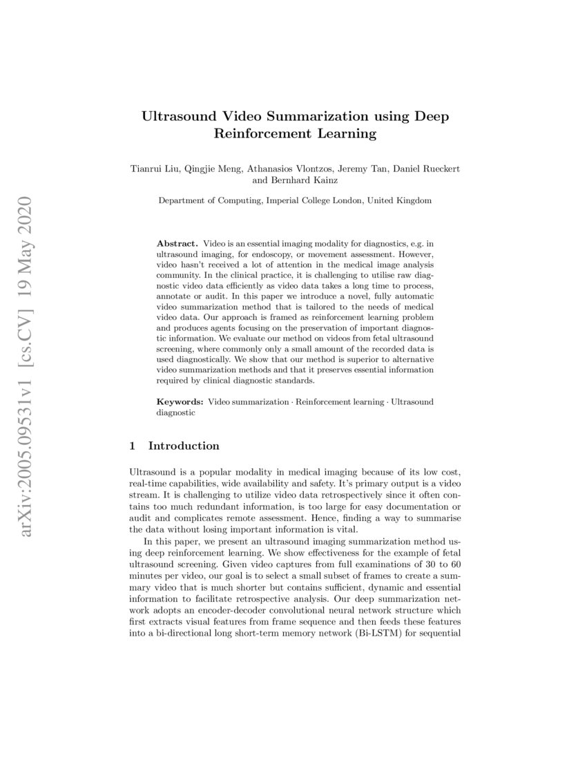 Ultrasound Video Summarization using Deep Reinforcement Learning | DeepAI Ultrasound Video Summarization using Deep Reinforcement Learning | DeepAI