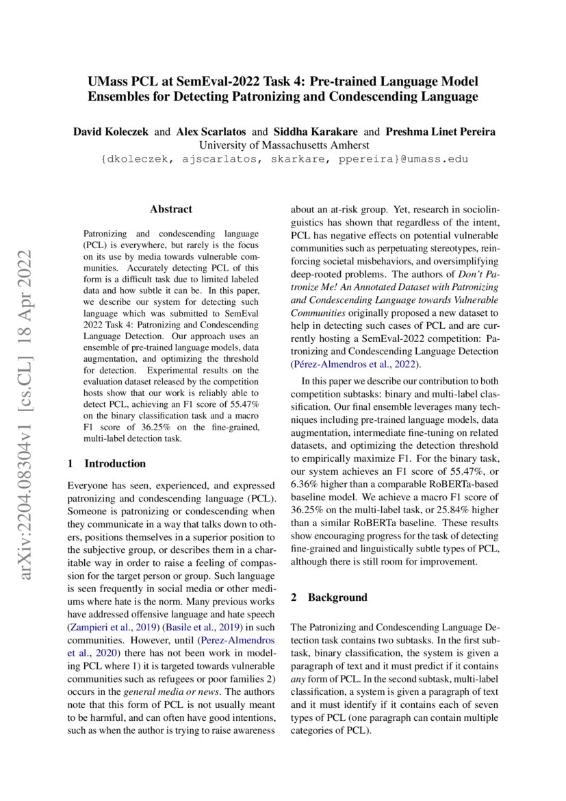 UMass PCL at SemEval-2022 Task 4: Pre-trained Language Model Ensembles for Detecting Patronizing ...