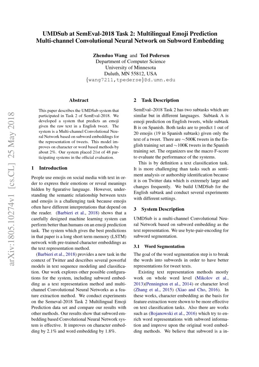UMDSub at SemEval-2018 Task 2: Multilingual Emoji Prediction Multi-channel Convolutional Neural ...