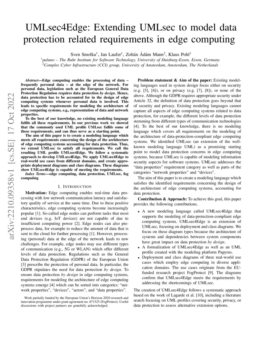UMLsec4Edge: Extending UMLsec to model data-protection-compliant edge computing systems | DeepAI