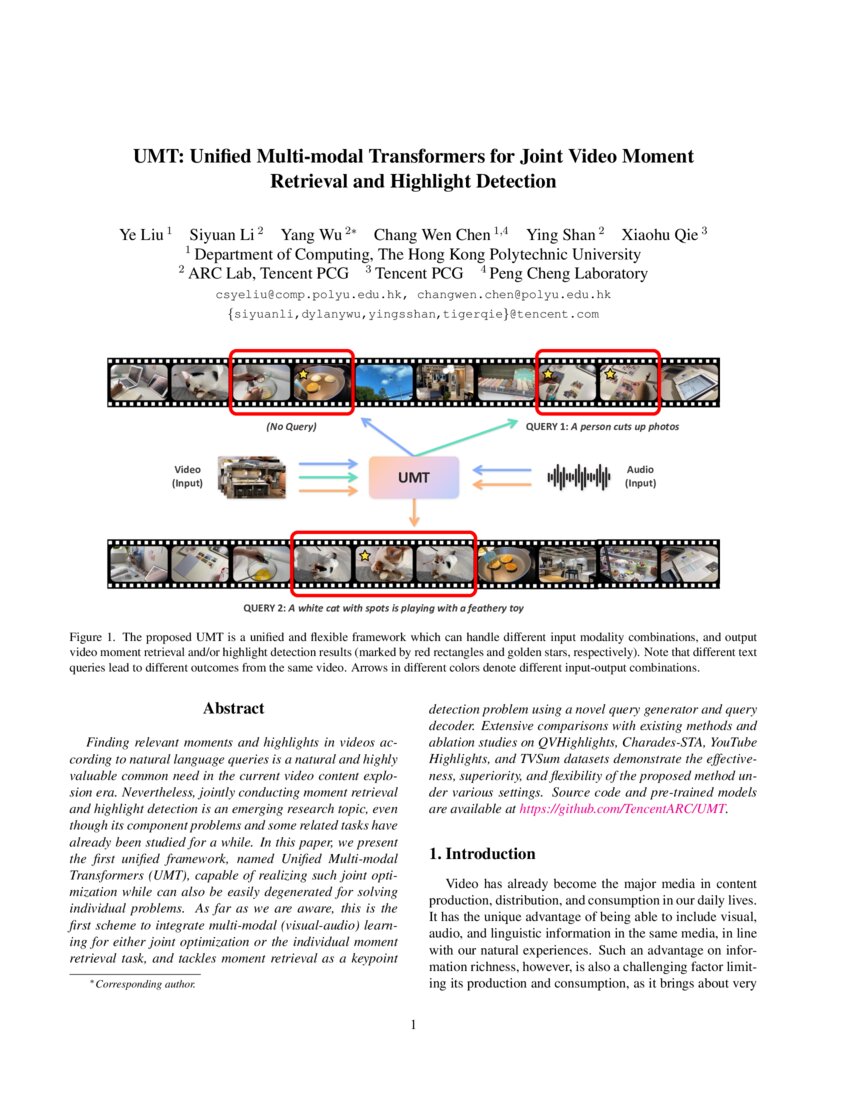 UMT: Unified Multi-modal Transformers for Joint Video Moment Retrieval and Highlight Detection ...