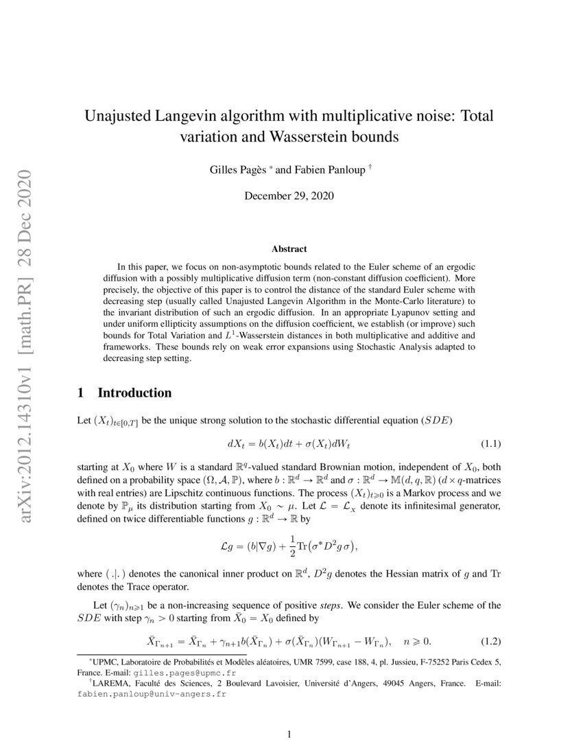Unajusted Langevin Algorithm With Multiplicative Noise Total Variation And Wasserstein Bounds