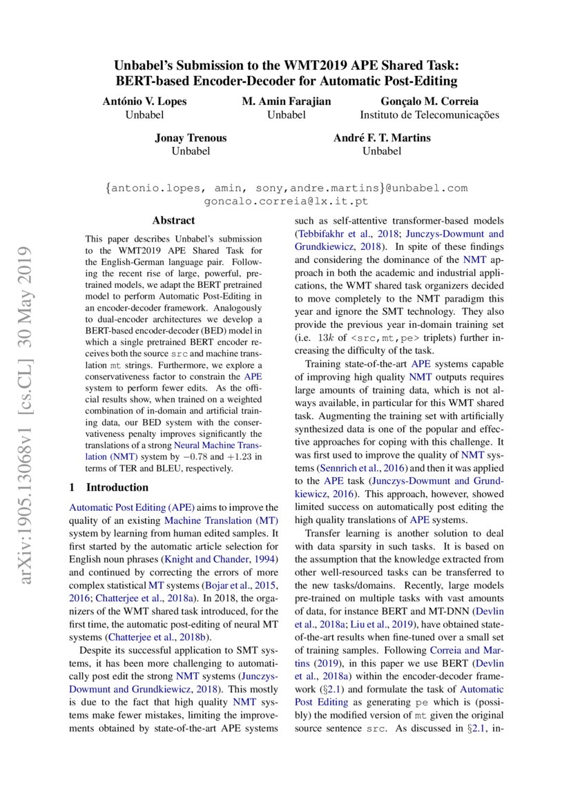 Unbabel S Submission To The Wmt2019 Ape Shared Task Bert Based Encoder Decoder For Automatic