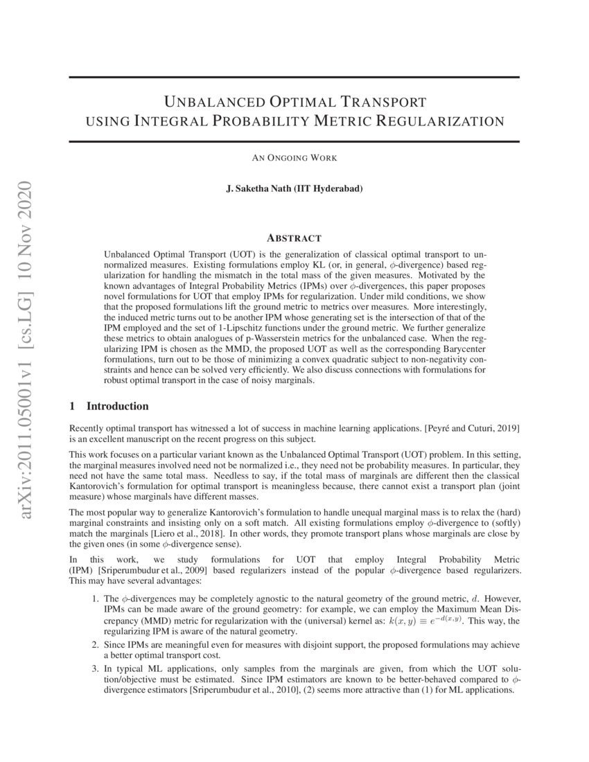 Unbalanced Optimal Transport using Integral Probability Metric ...