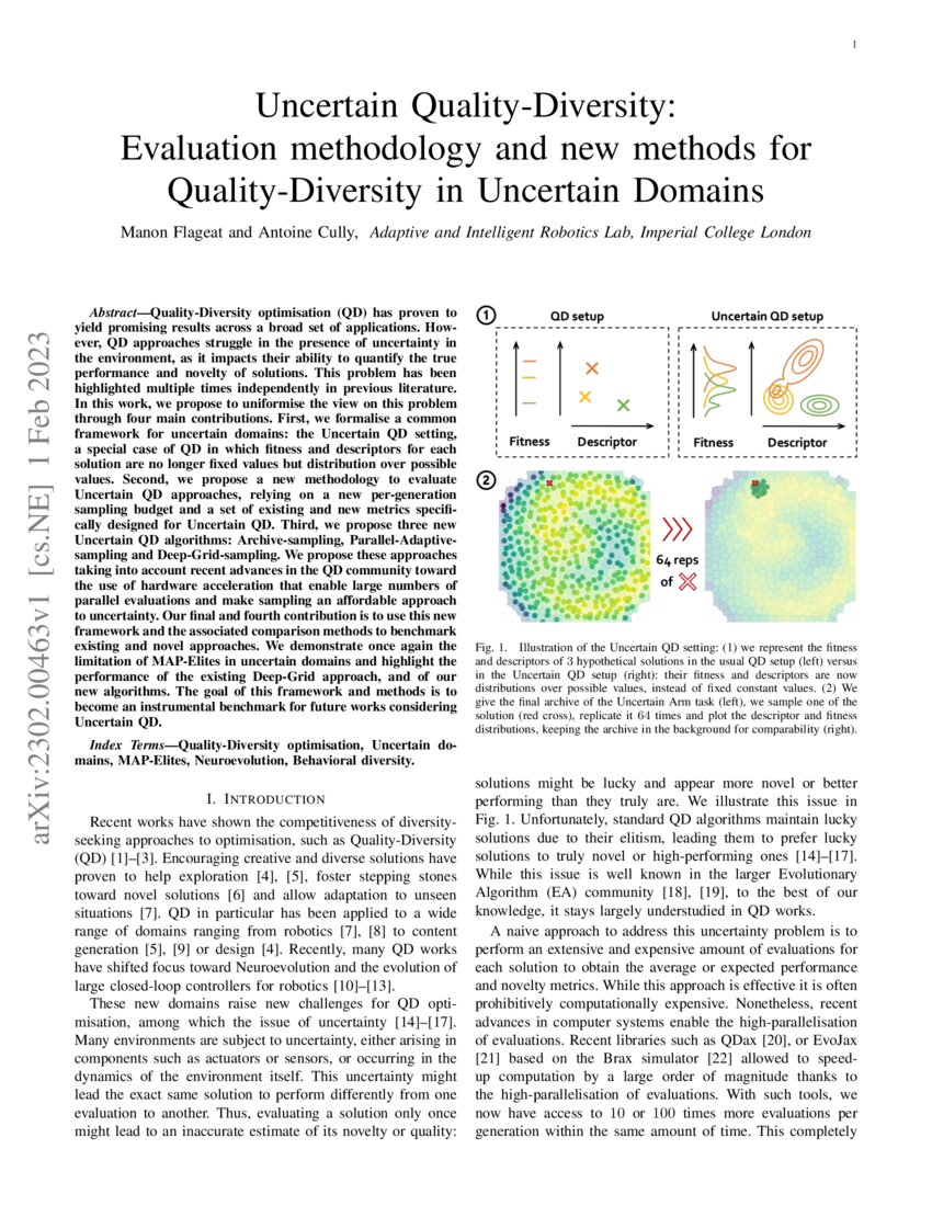 Uncertain Quality-Diversity: Evaluation methodology and new methods for Quality-Diversity in ...