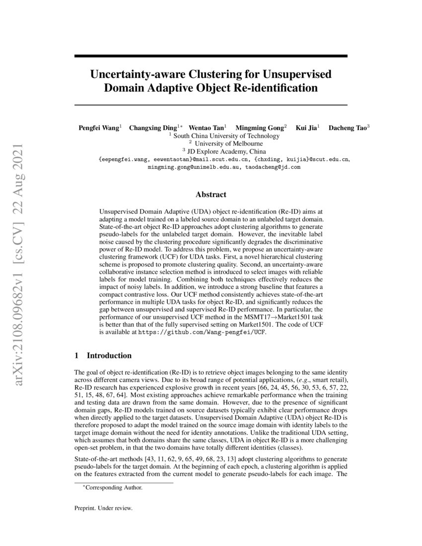 Uncertainty-aware Clustering for Unsupervised Domain Adaptive Object Re-identification | DeepAI