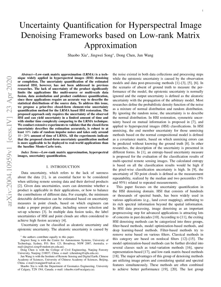 Uncertainty Quantification for Hyperspectral Image Denoising Frameworks ... Uncertainty Quantification for Hyperspectral Image Denoising Frameworks ...