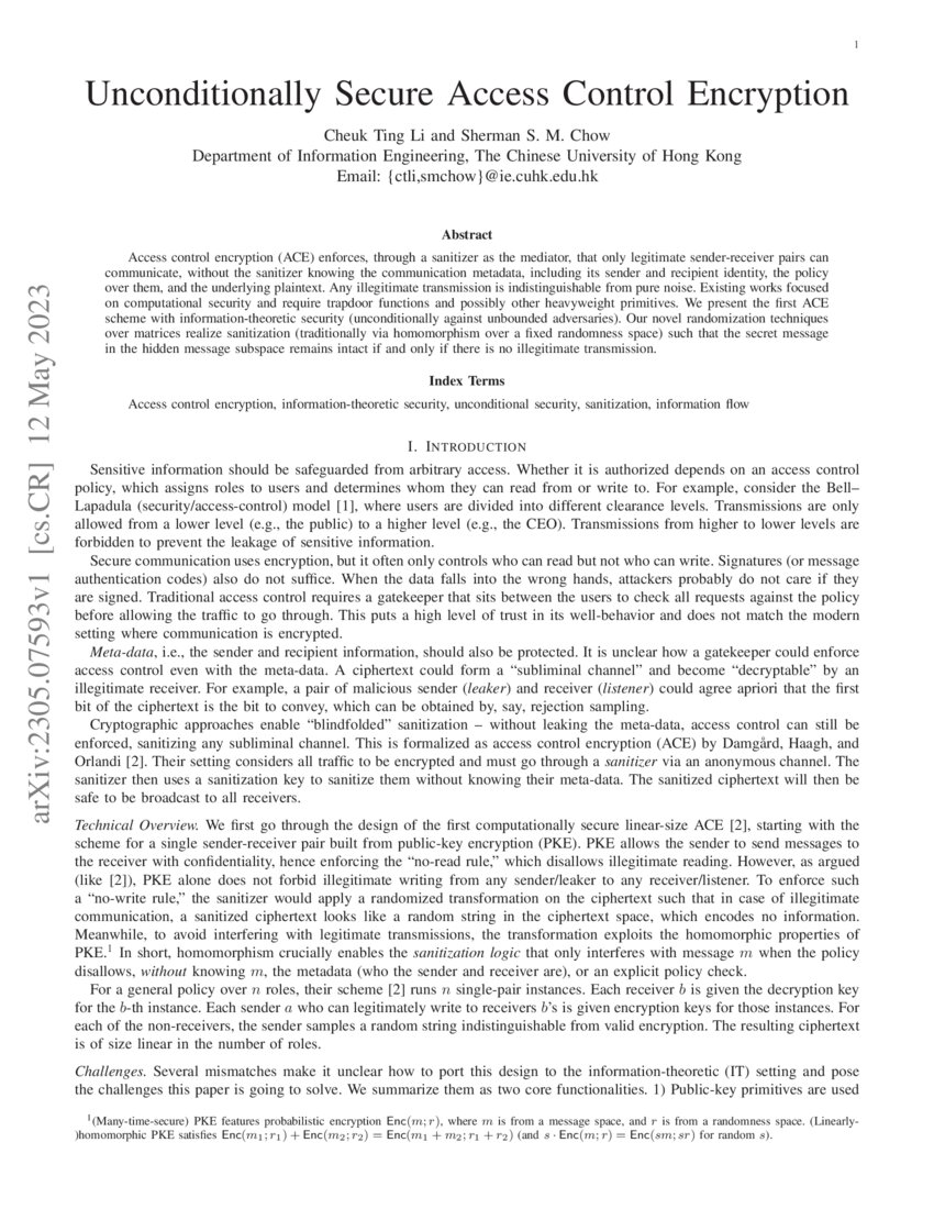 Unconditionally Secure Access Control Encryption | DeepAI