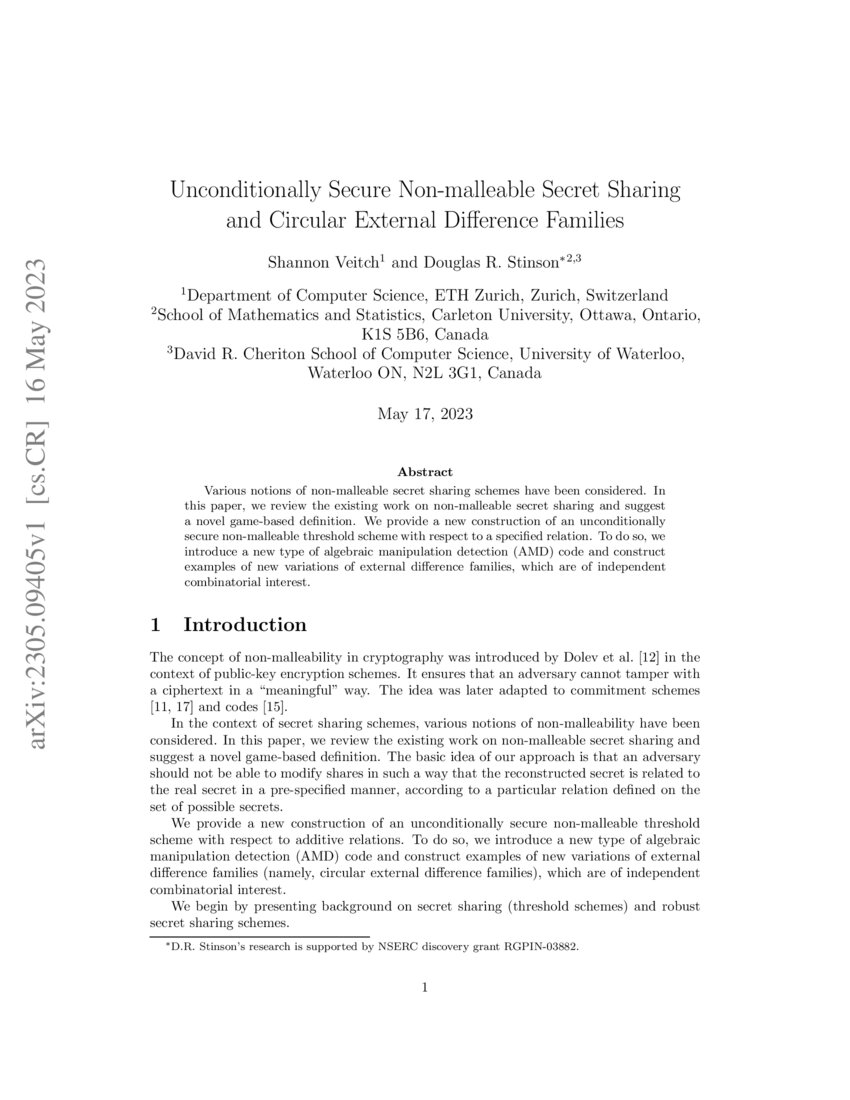 Unconditionally Secure Non-malleable Secret Sharing and Circular External Difference Families ...