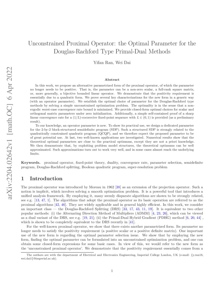 Unconstrained Proximal Operator: the Optimal Parameter for the Douglas ... Unconstrained Proximal Operator: the Optimal Parameter for the Douglas ...