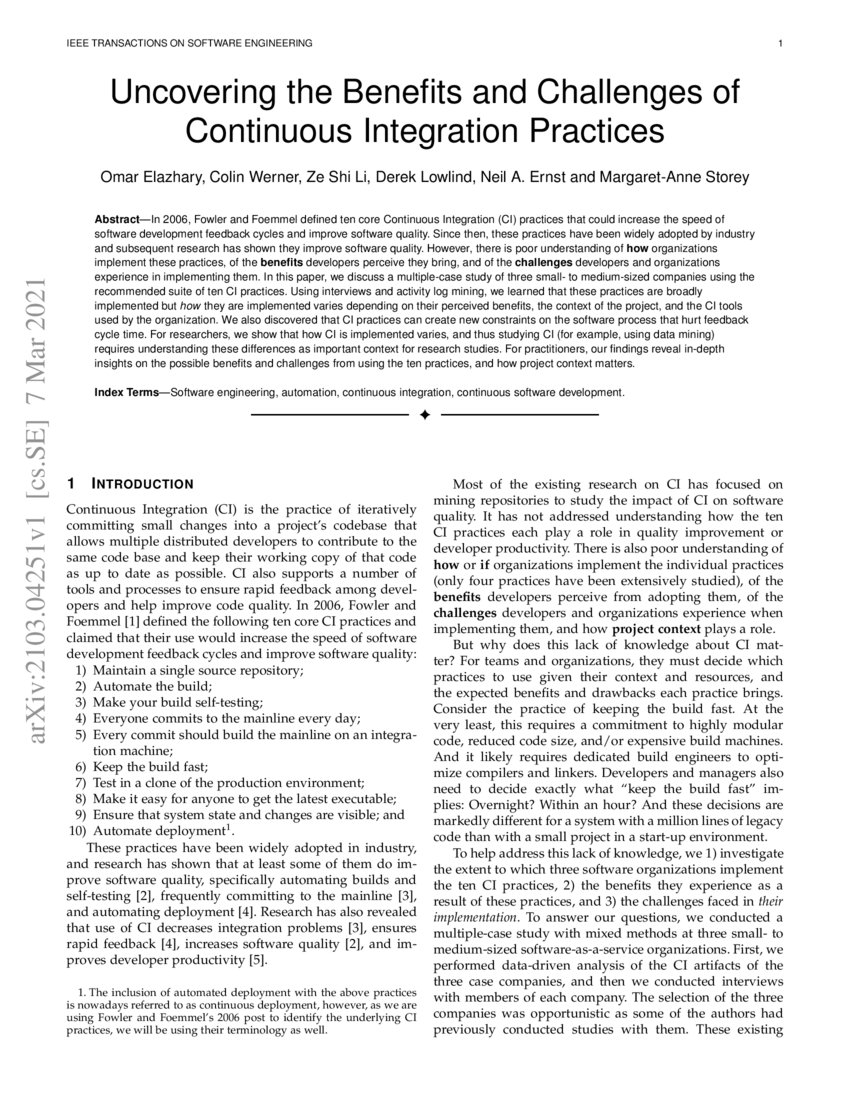 Uncovering The Benefits And Challenges Of Continuous Integration Practices Deepai 6039