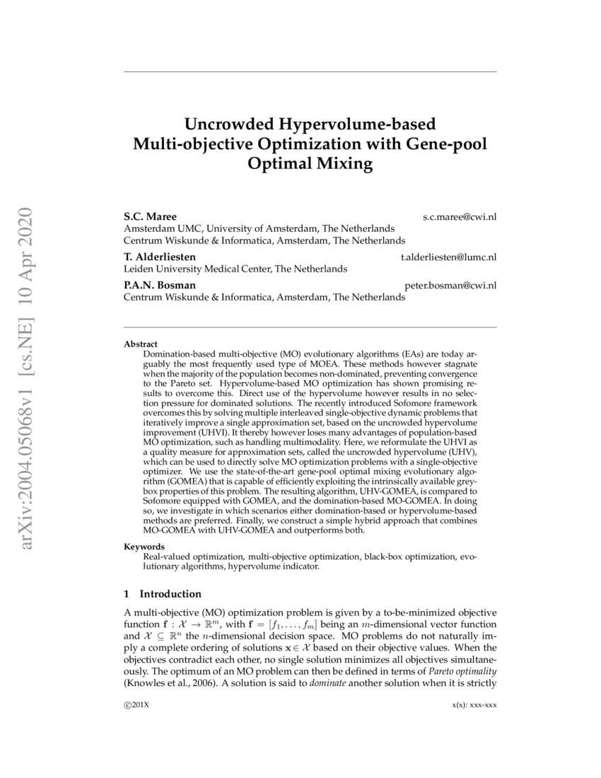 Uncrowded Hypervolume-based Multi-objective Optimization with Gene-pool Optimal Mixing | DeepAI