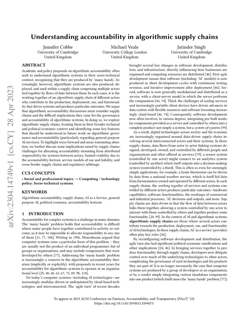Understanding accountability in algorithmic supply chains | DeepAI Understanding accountability in algorithmic supply chains | DeepAI