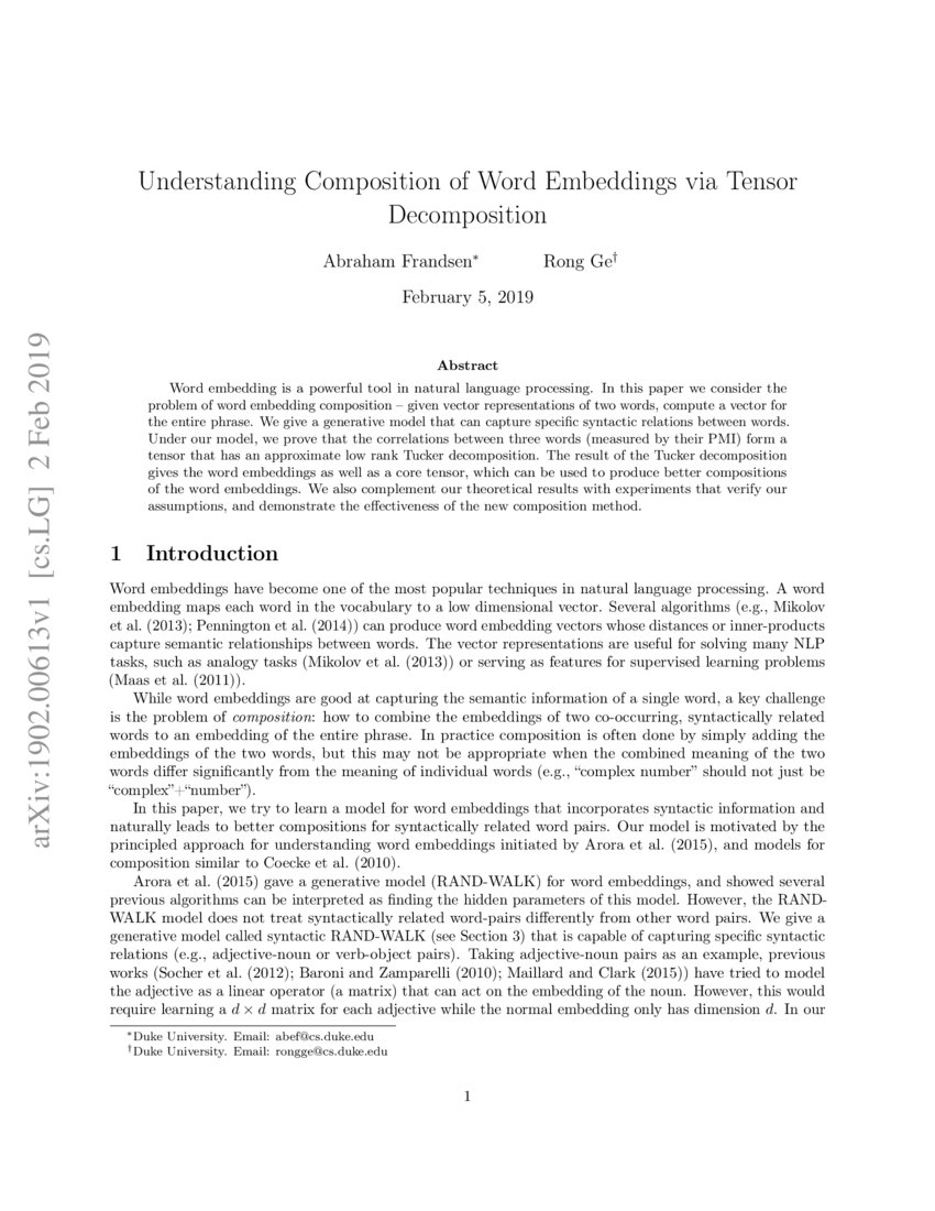 Understanding Composition Of Word Embeddings Via Tensor Decomposition Deepai