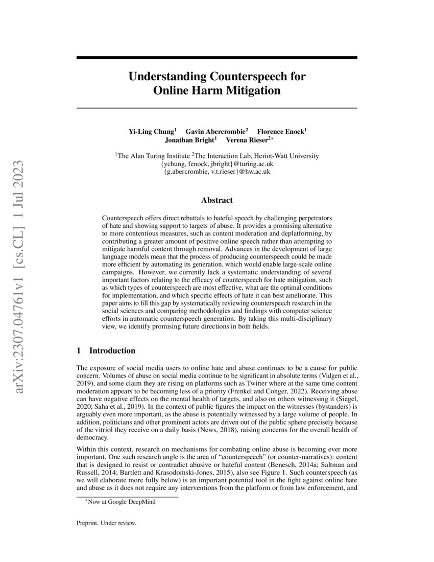 Understanding Counterspeech for Online Harm Mitigation | DeepAI