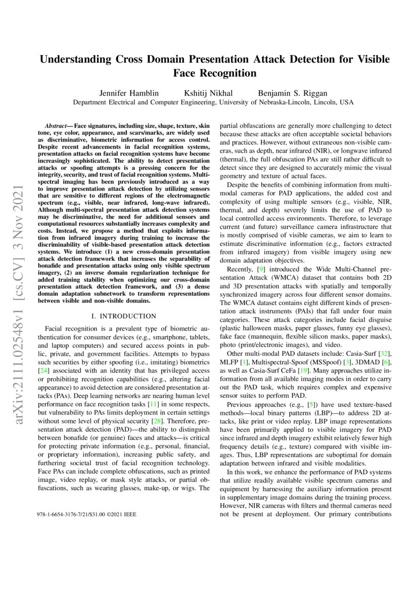 Understanding Cross Domain Presentation Attack Detection for Visible Face Recognition | DeepAI