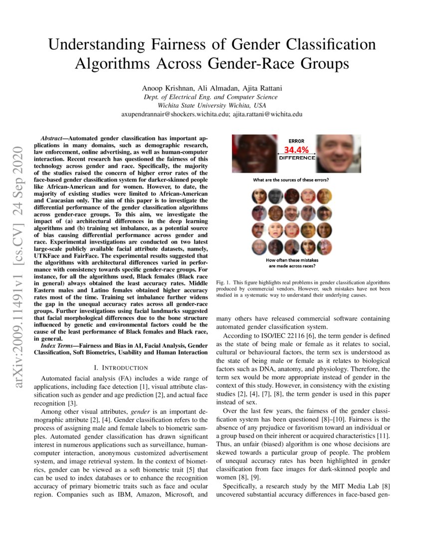 Understanding Fairness of Gender Classification Algorithms Across Gender-Race Groups | DeepAI