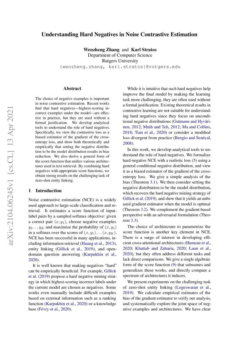 Understanding Hard Negatives in Noise Contrastive Estimation | DeepAI