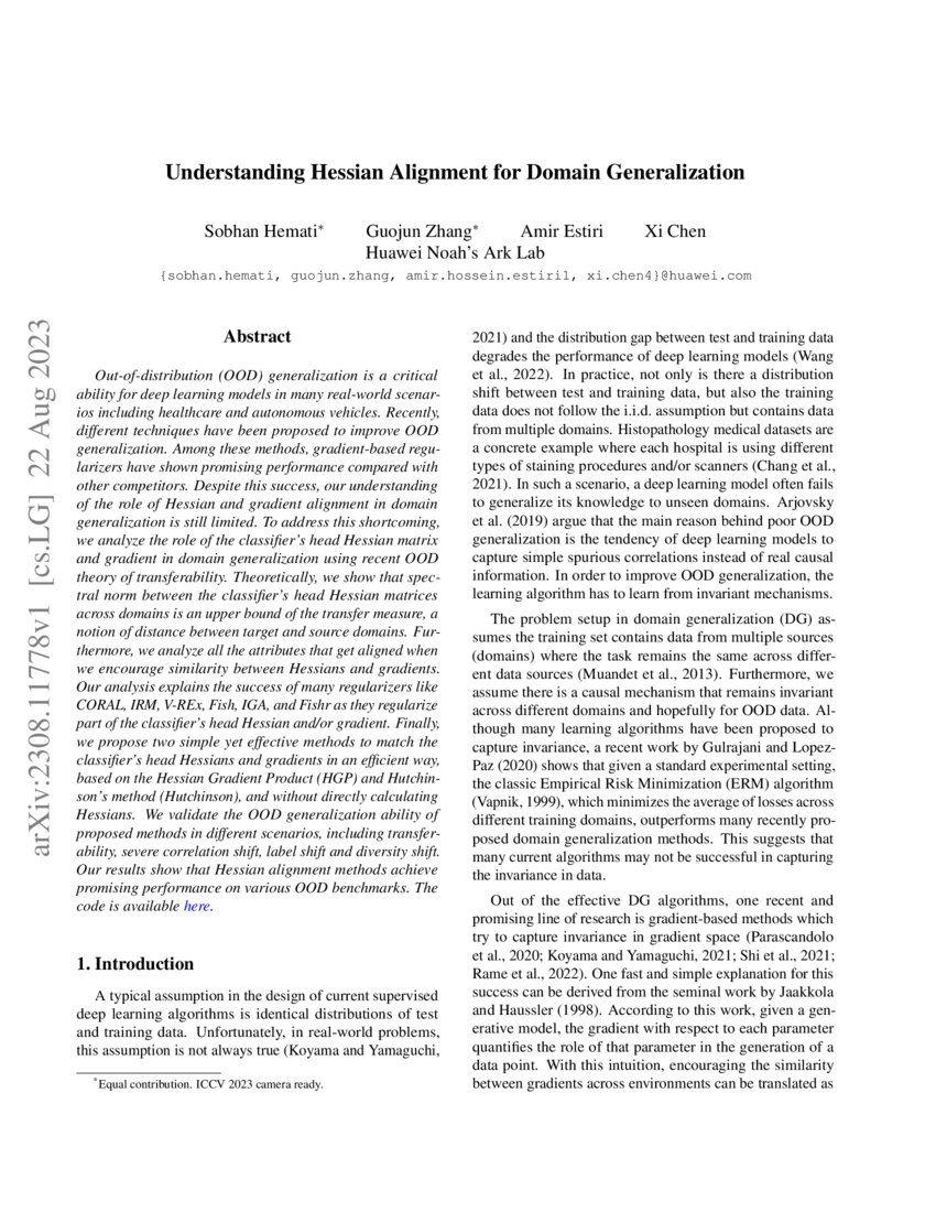 Understanding Hessian Alignment For Domain Generalization Deepai