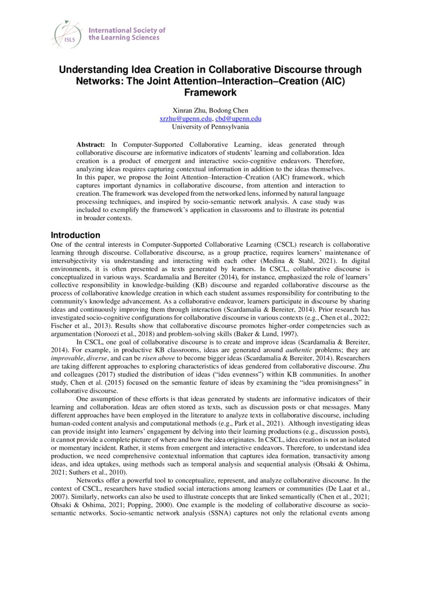 Understanding Idea Creation in Collaborative Discourse through Networks: The Joint Attention ...