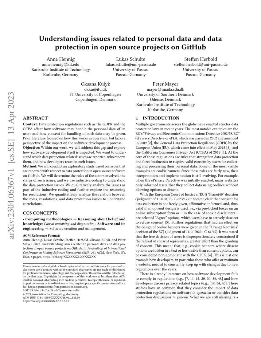 Understanding Issues Related To Personal Data And Data Protection In Open Source Projects On 