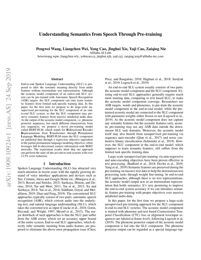 Understanding Semantics from Speech Through Pre-training | DeepAI