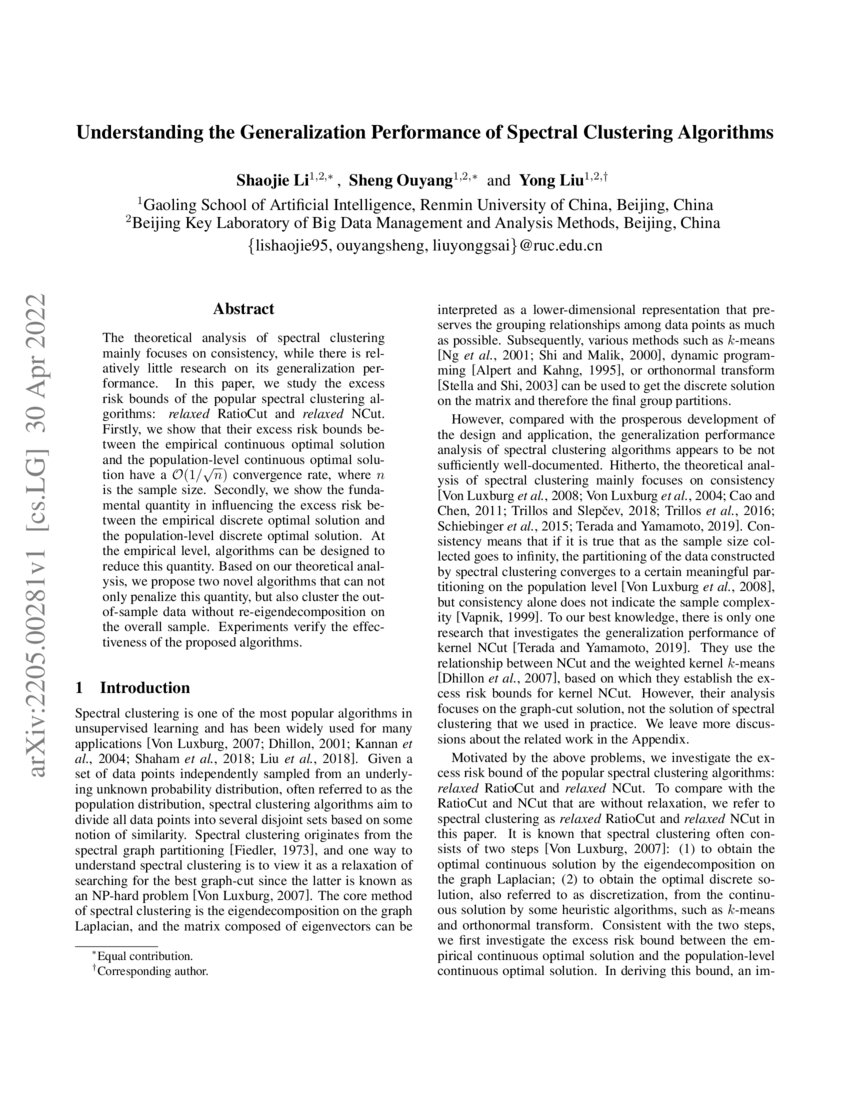 Understanding The Generalization Performance Of Spectral Clustering Algorithms Deepai