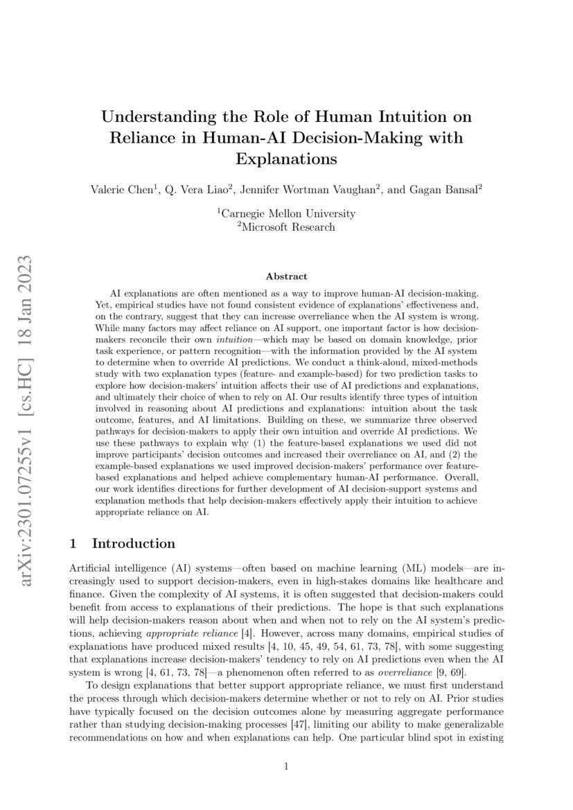 Understanding the Role of Human Intuition on Reliance in Human-AI ...