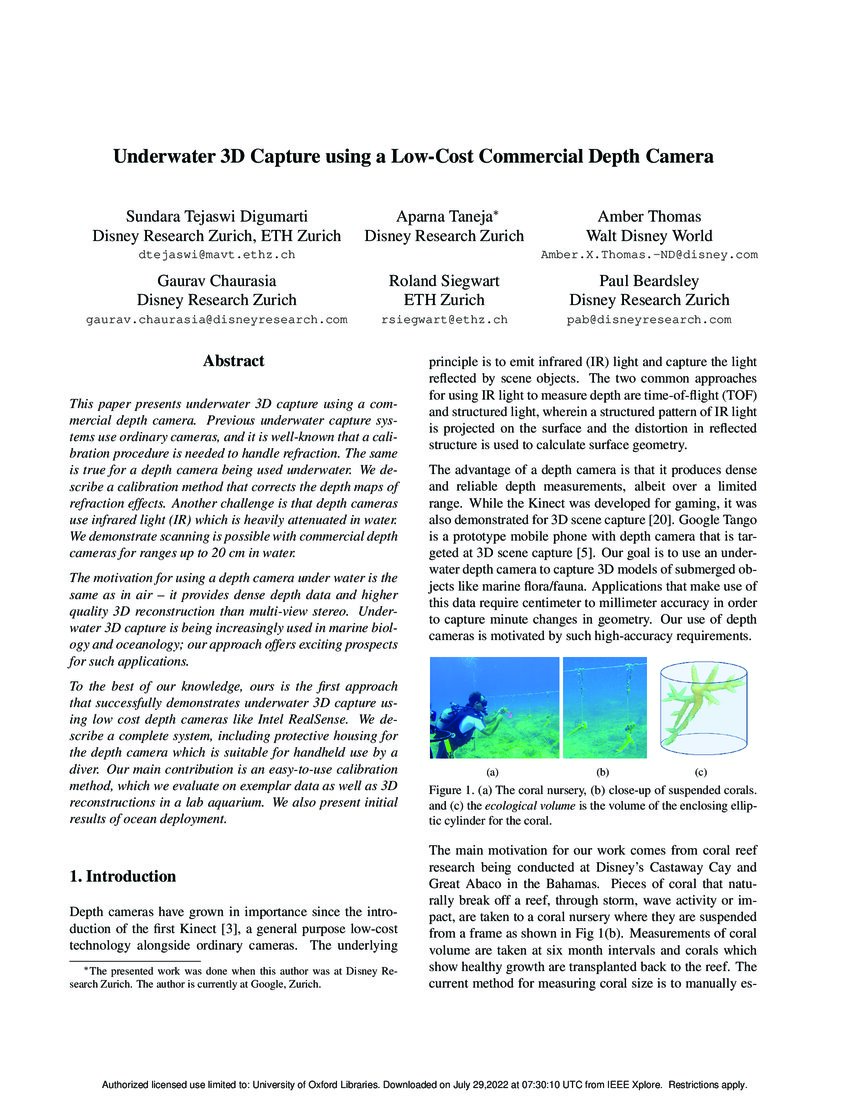 Underwater 3D capture using a low-cost commercial depth camera | DeepAI