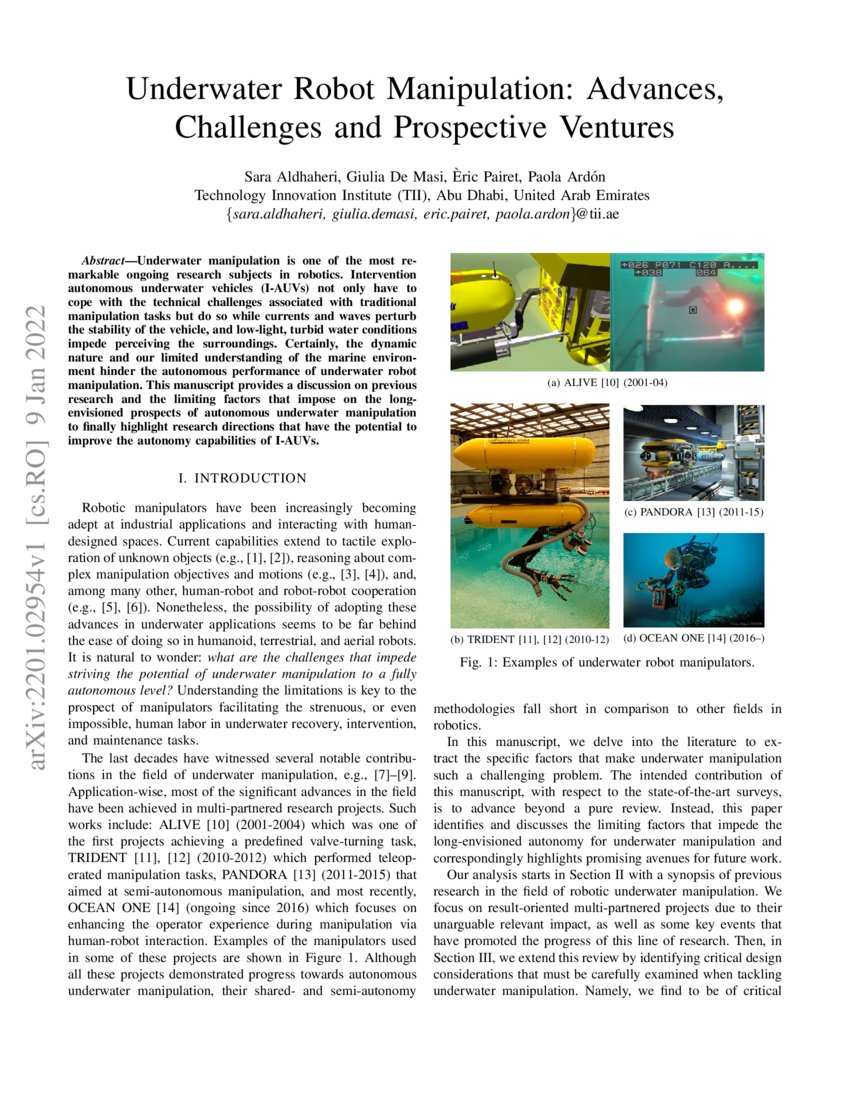 Underwater Robot Manipulation: Advances, Challenges and Prospective ...