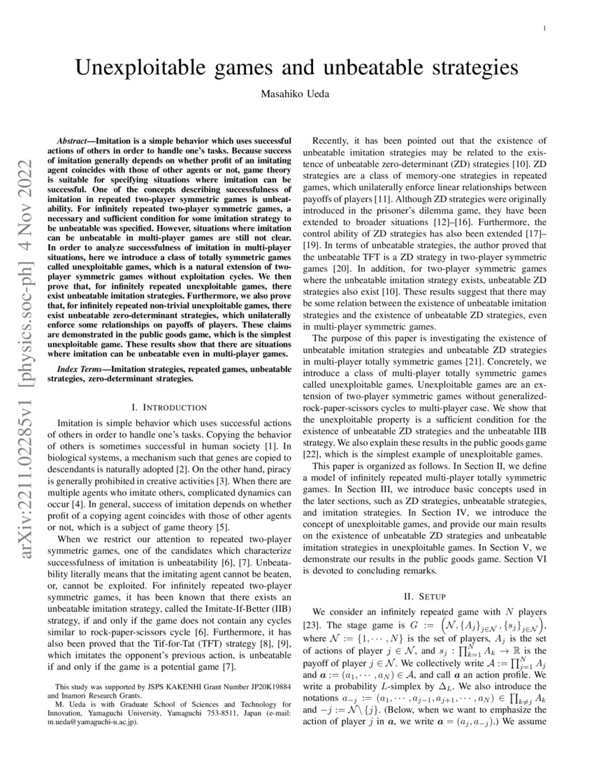 Unexploitable games and unbeatable strategies | DeepAI