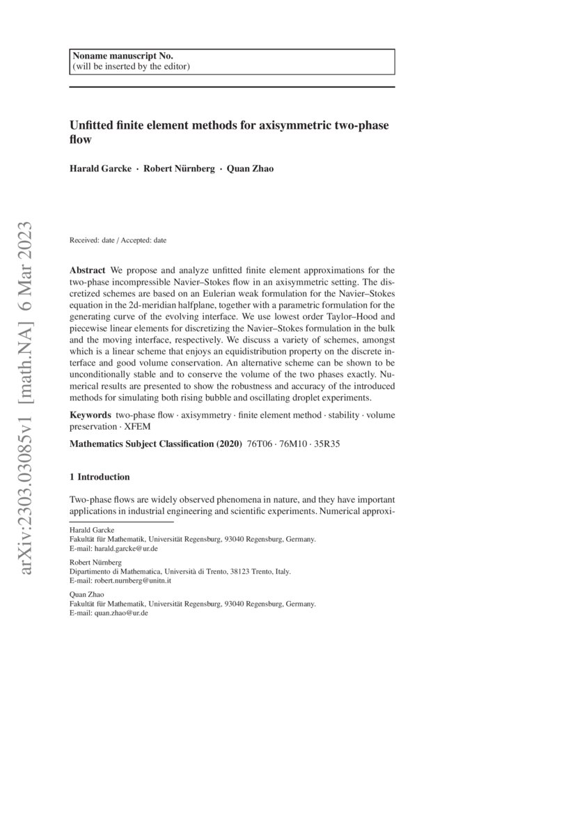 Unfitted Finite Element Methods For Axisymmetric Two Phase Flow Deepai