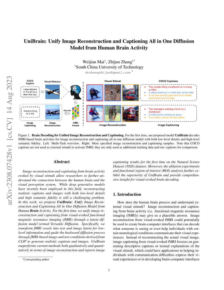 UniBrain: Unify Image Reconstruction and Captioning All in One Diffusion Model from Human Brain ...