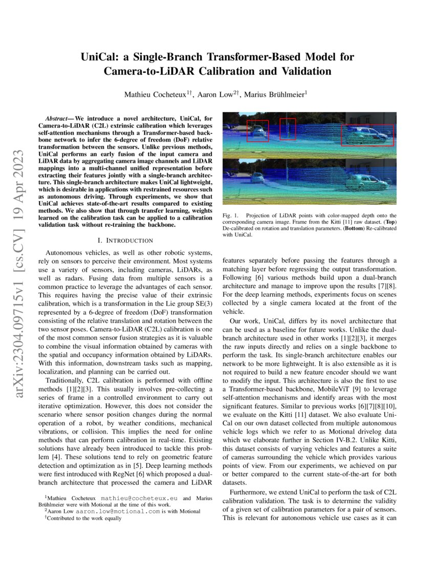 Unical A Single Branch Transformer Based Model For Camera To Lidar Calibration And Validation
