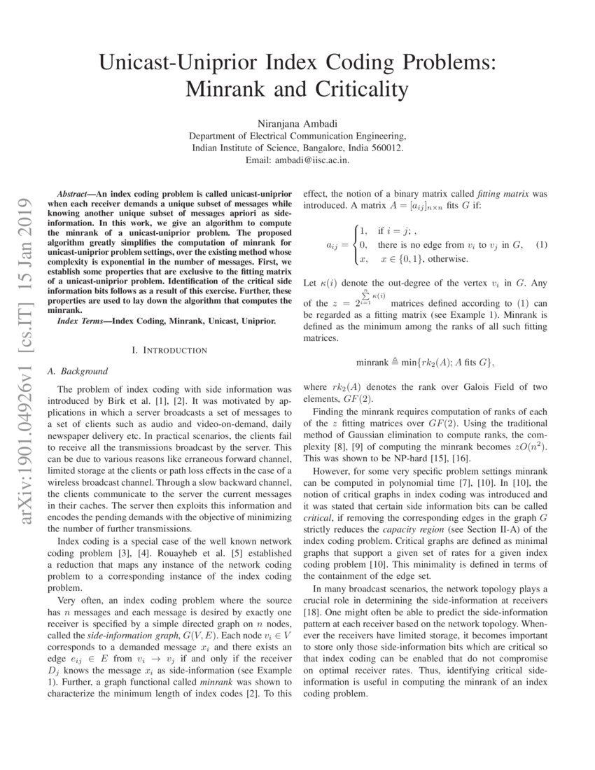 Unicast Uniprior Index Coding Problems Minrank And Criticality Deepai