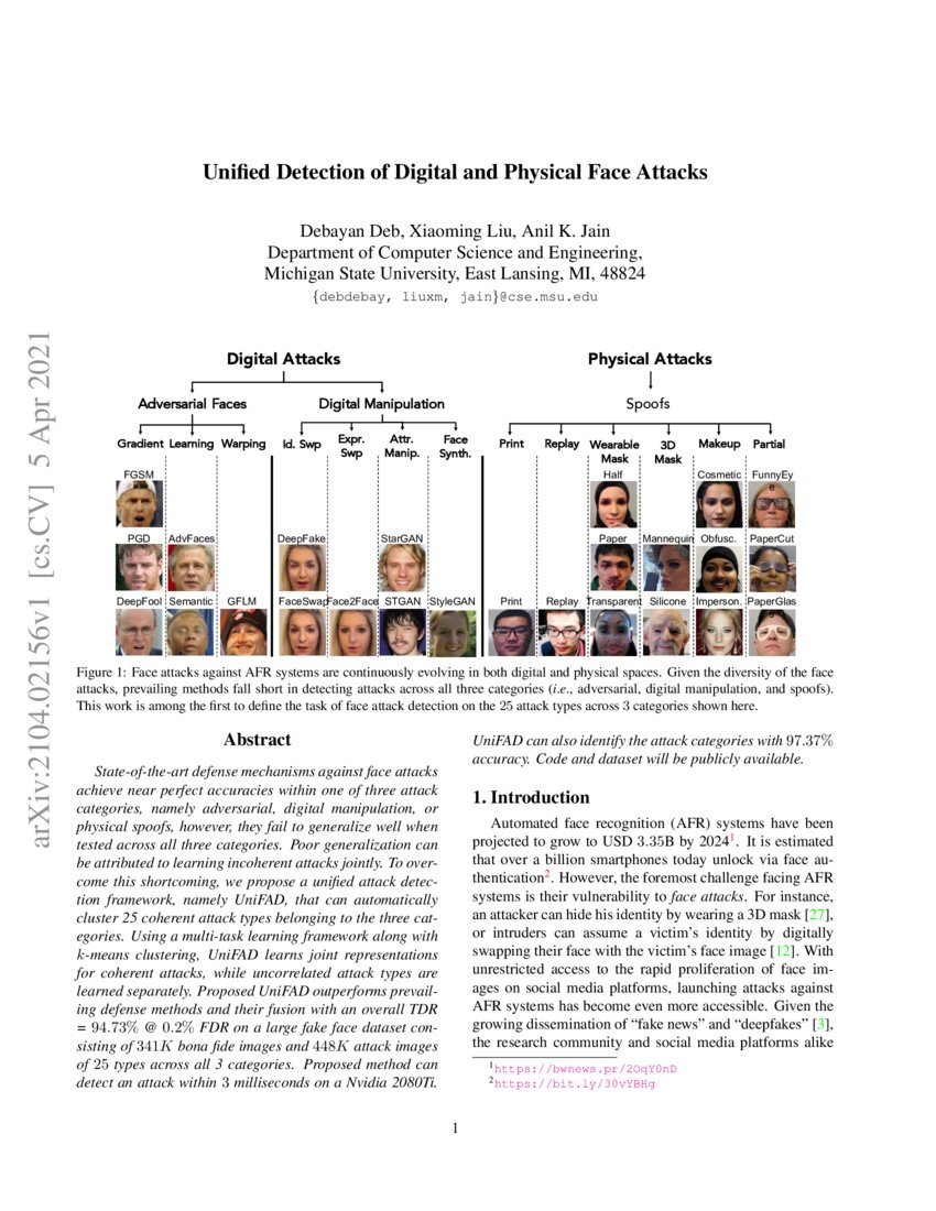 Unified Detection of Digital and Physical Face Attacks | DeepAI