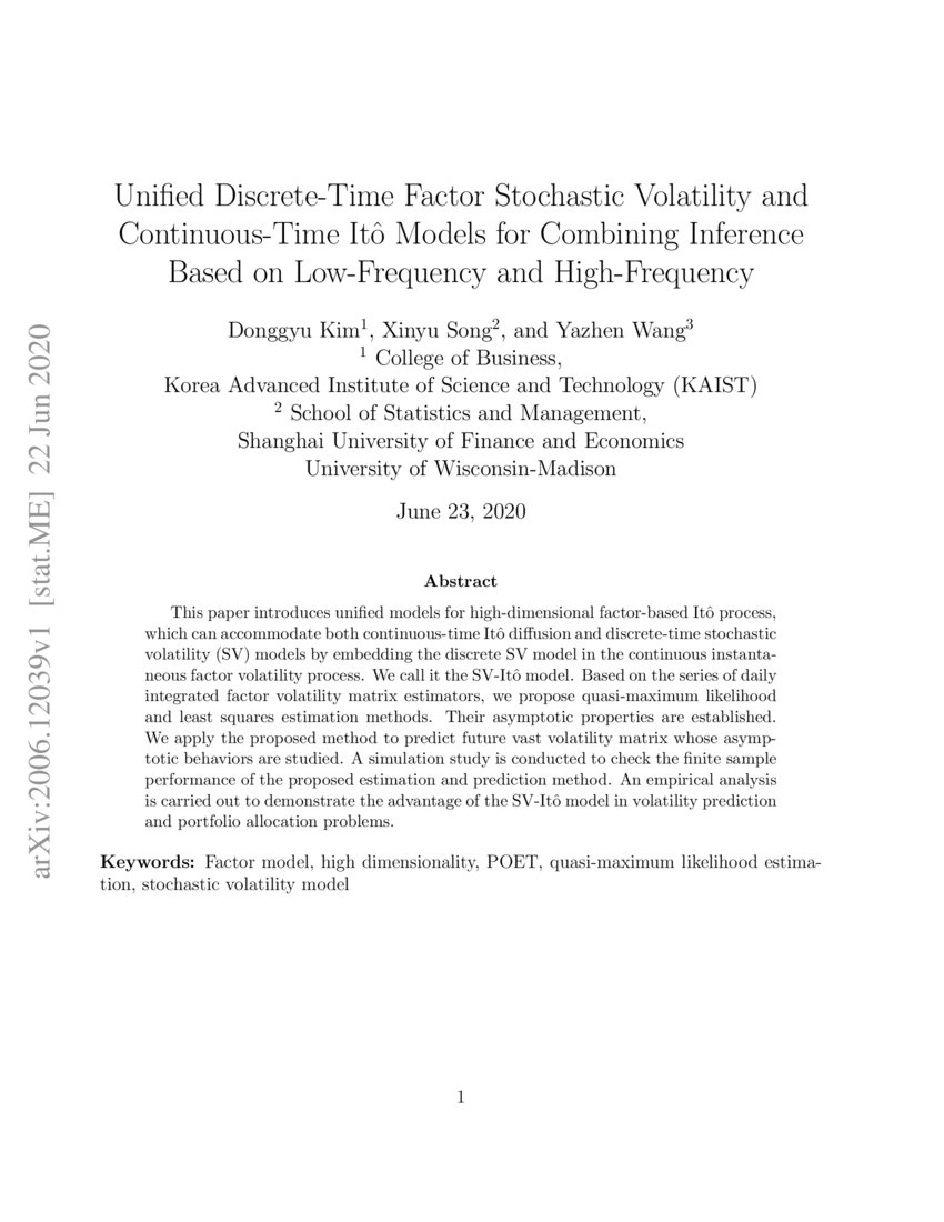 Unified Discrete-Time Factor Stochastic Volatility and Continuous-Time Ito Models for Combining ...