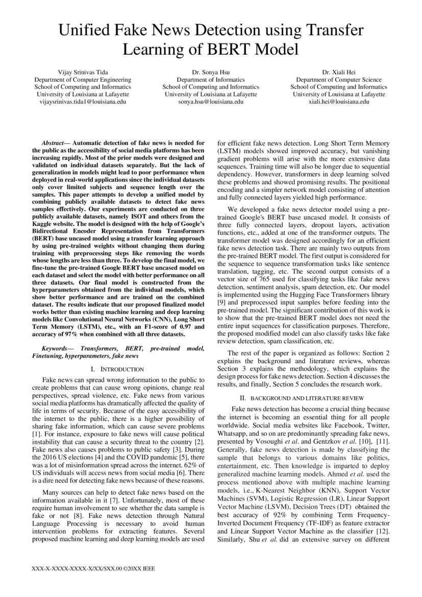 Unified Fake News Detection using Transfer Learning of Bidirectional Encoder Representation from ...