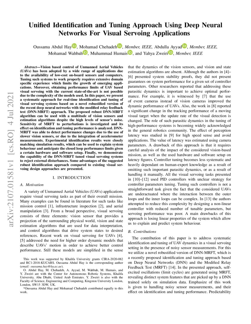 Unified Identification And Tuning Approach Using Deep Neural Networks For Visual Servoing