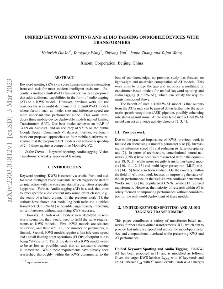 Unified Keyword Spotting And Audio Tagging On Mobile Devices With Transformers Deepai