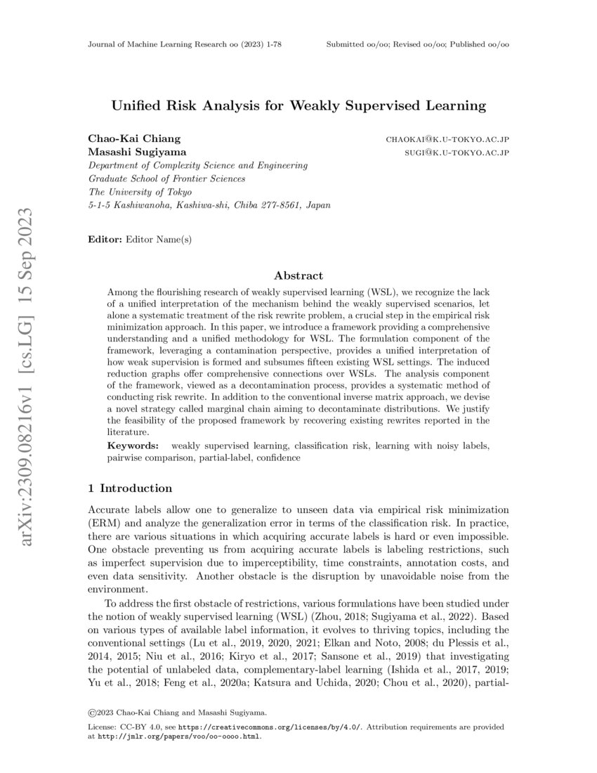 Unified Risk Analysis for Weakly Supervised Learning | DeepAI Unified Risk Analysis for Weakly Supervised Learning | DeepAI