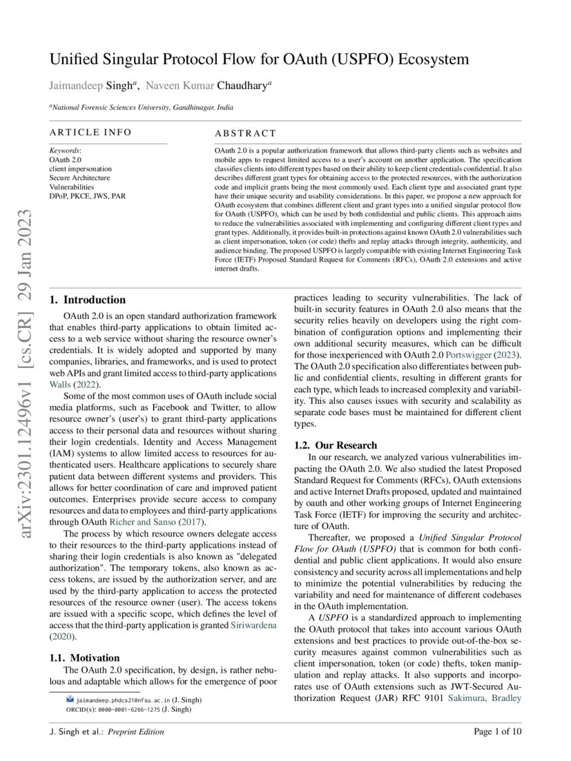 Unified Singular Protocol Flow for OAuth (USPFO) Ecosystem | DeepAI