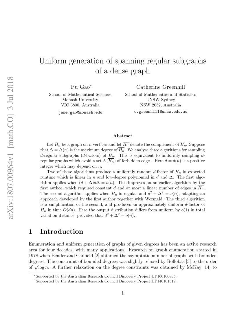 Uniform generation of spanning regular subgraphs of a dense graph | DeepAI