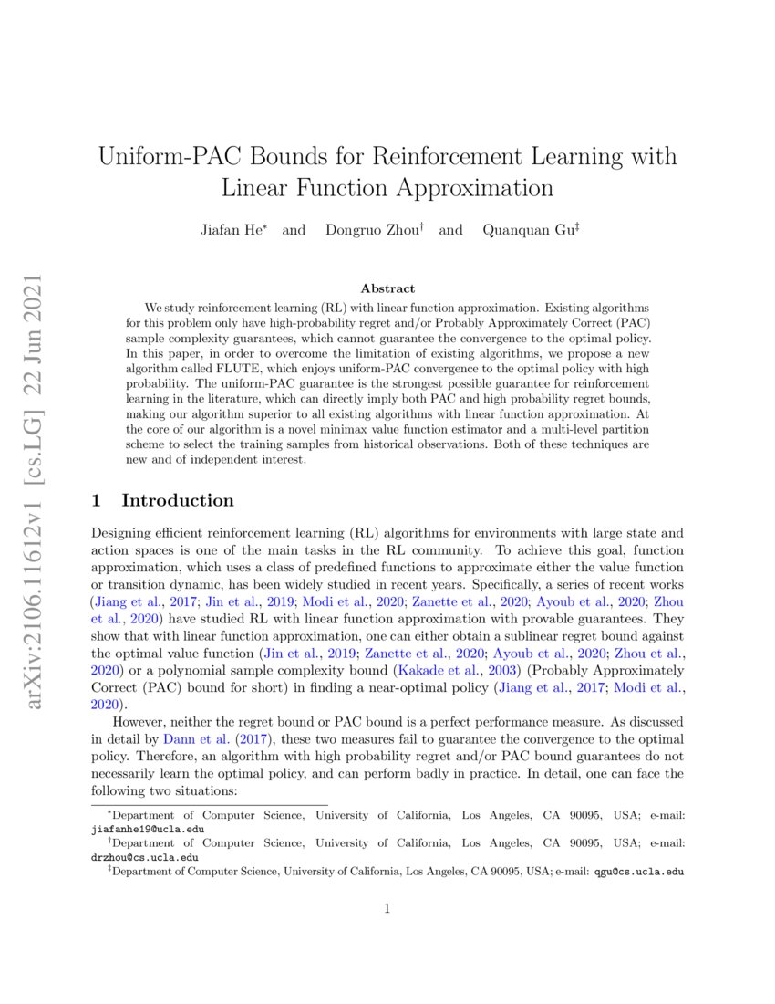 Uniform Pac Bounds For Reinforcement Learning With Linear Function