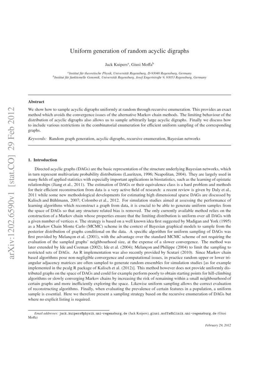 Uniform random generation of large acyclic digraphs | DeepAI