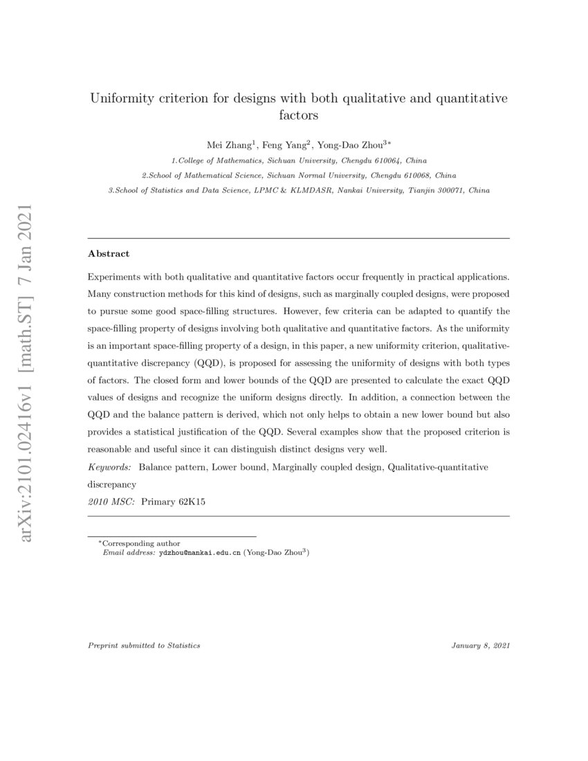 Uniformity criterion for designs with both qualitative and quantitative factors | DeepAI