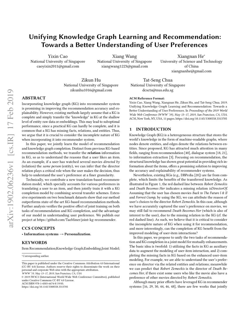 Unifying Knowledge Graph Learning and Recommendation: Towards a Better ... Unifying Knowledge Graph Learning and Recommendation: Towards a Better ...